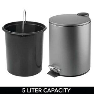 mDesign Metal 1.3 Gallon/5 Liter Round Step Trash Wastebasket, Garbage Container Bin with Lid for Bathroom, Powder Room, Bedroom, Kitchen, Craft Room, Office - Removable Liner Bucket - Dark Gray