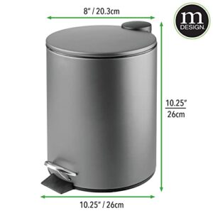 mDesign Metal 1.3 Gallon/5 Liter Round Step Trash Wastebasket, Garbage Container Bin with Lid for Bathroom, Powder Room, Bedroom, Kitchen, Craft Room, Office - Removable Liner Bucket - Dark Gray