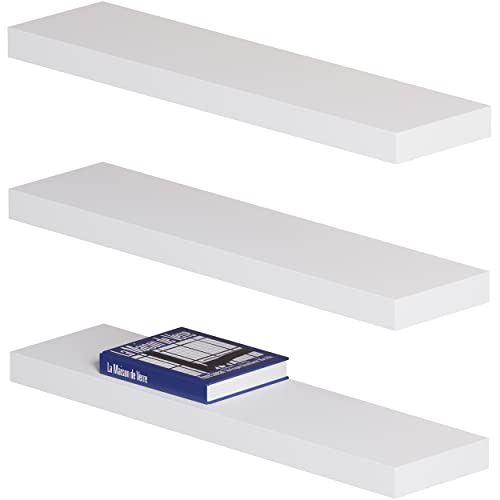 NEATERIZE Floating Shelves Set of 3 | Durable Wall Shelves with Invisible Bracket | Great Shelf for Bathroom, Bedrooms, Kitchen, Office and Living Room Décor. (White - Medium)