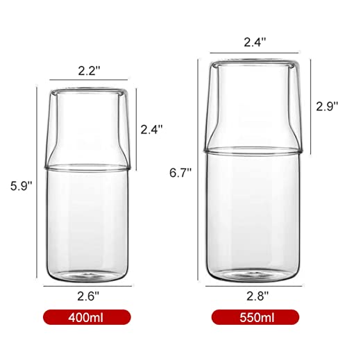 Bedside Carafe, Glass Water Carafe Set with Lids Bathroom Mouthwash Cups Large Capacity Glass Cups for Iced Coffee Milk Juice Beer Beverage