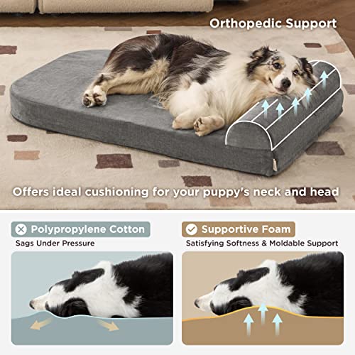 Lesure Orthopedic Dog Bed Pillow for Extra Large Dogs, XL Memory Foam with Removable Washable Cover and Anti-Slip Bottom, Waterproof Liner Included, Grey, 46" L x 28" W x 8" H