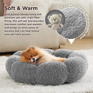 Lesure Calming Small Dog Bed - Flower Donut Round Fluffy Puppy Bed in Plush Teddy Sherpa, Non-Slip Cute Flower Cat Beds for Indoor Cats, Small Pet Bed Fits up to 25 lbs, Machine Washable, Grey 23"