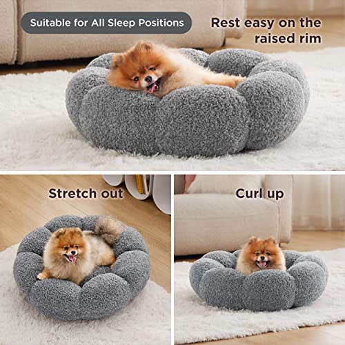 Lesure Calming Small Dog Bed - Flower Donut Round Fluffy Puppy Bed in Plush Teddy Sherpa, Non-Slip Cute Flower Cat Beds for Indoor Cats, Small Pet Bed Fits up to 25 lbs, Machine Washable, Grey 23"