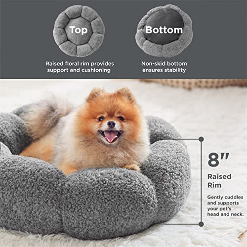 Lesure Calming Small Dog Bed - Flower Donut Round Fluffy Puppy Bed in Plush Teddy Sherpa, Non-Slip Cute Flower Cat Beds for Indoor Cats, Small Pet Bed Fits up to 25 lbs, Machine Washable, Grey 23"