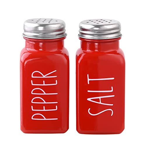 Wartter Salt and Pepper Shakers Set - Farmhouse Kitchen Vintage Glass Black White Shaker Sets with Stainless Steel Lids (Red)