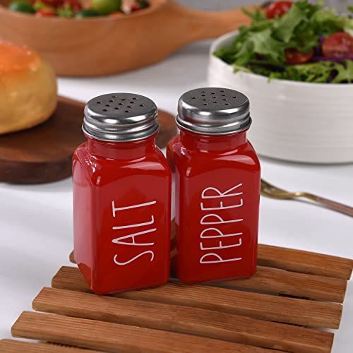 Wartter Salt and Pepper Shakers Set - Farmhouse Kitchen Vintage Glass Black White Shaker Sets with Stainless Steel Lids (Red)