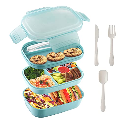 Large Capacity Bento Box Lunch Box,3 Layers Stackable Bento Lunch Containers for Adults/Kids, Built-in Utensil Set, Bento Lunch Box for Dining Out, Work, Picnic,Light Blue