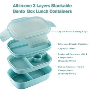 Large Capacity Bento Box Lunch Box,3 Layers Stackable Bento Lunch Containers for Adults/Kids, Built-in Utensil Set, Bento Lunch Box for Dining Out, Work, Picnic,Light Blue