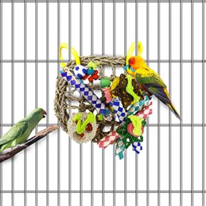 Parrot Toys Bird Foraging Toys, Seagrass Woven Climbing Hammock Net with Colorful Chewing Toys, for Lovebird Parakeets Cockatiel Conure Budgie,Cockatoo