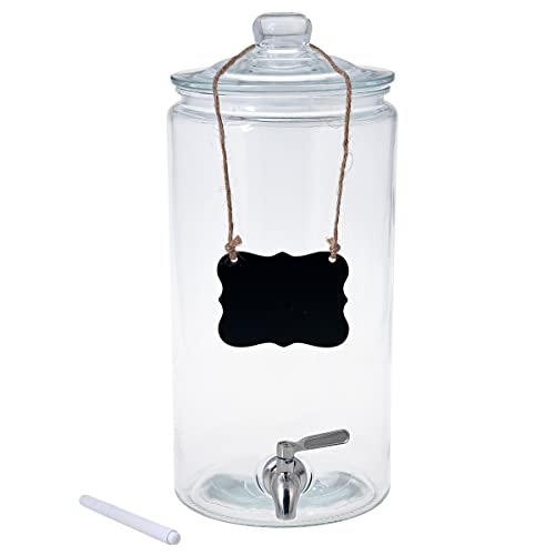 2 Gallon Beverage Serveware with Stainless Steel Spigot + Marker & Chalkboard 100% Leakproof Glass Drink Dispenser for Parties with Spout, Airtight Beverage Dispenser for Water Juice Laundry