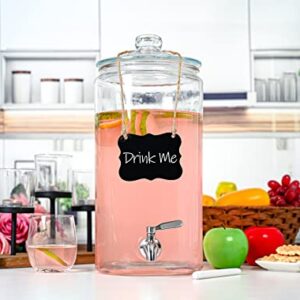 2 Gallon Beverage Serveware with Stainless Steel Spigot + Marker & Chalkboard 100% Leakproof Glass Drink Dispenser for Parties with Spout, Airtight Beverage Dispenser for Water Juice Laundry