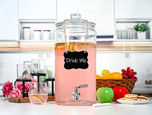 2 Gallon Beverage Serveware with Stainless Steel Spigot + Marker & Chalkboard 100% Leakproof Glass Drink Dispenser for Parties with Spout, Airtight Beverage Dispenser for Water Juice Laundry