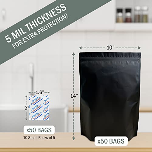 50 Matte Black MYbag Mylar Bags for Food Storage 5 Mil Thick With Oxygen Absorbers 500cc + Labels - 1 gal Mylar Bags 10"x14" Resealable Mylar Bag for Candy, Packaging Bags, Long Term Storage - Stand-up Large Mylar Ziplock Bags