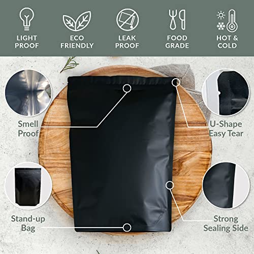 50 Matte Black MYbag Mylar Bags for Food Storage 5 Mil Thick With Oxygen Absorbers 500cc + Labels - 1 gal Mylar Bags 10"x14" Resealable Mylar Bag for Candy, Packaging Bags, Long Term Storage - Stand-up Large Mylar Ziplock Bags