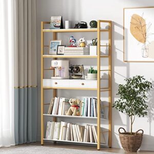 yaohuoo bookshelf with 2 drawers-31.5” widen industrial book shelf with bookend, 5 tiers tall storage shelves, steel frame display rack, suitable for bedroom,office,living room,bathroom