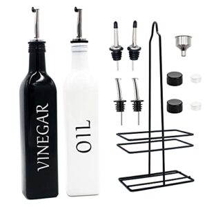 wartter oil and vinegar dispenser set,white olive oil dispenser bottle and black vinegar bottle with stainless steel pouring spout,farmhouse glass set for farmhouse kitchen- 17 oz