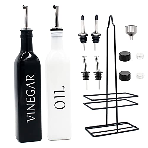 Wartter Oil and Vinegar Dispenser Set,White Olive Oil Dispenser Bottle and Black Vinegar Bottle with Stainless Steel Pouring Spout,Farmhouse Glass Set for Farmhouse Kitchen- 17 OZ