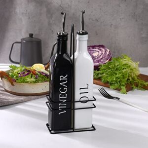 Wartter Oil and Vinegar Dispenser Set,White Olive Oil Dispenser Bottle and Black Vinegar Bottle with Stainless Steel Pouring Spout,Farmhouse Glass Set for Farmhouse Kitchen- 17 OZ