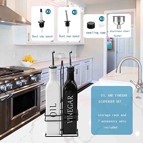 Wartter Oil and Vinegar Dispenser Set,White Olive Oil Dispenser Bottle and Black Vinegar Bottle with Stainless Steel Pouring Spout,Farmhouse Glass Set for Farmhouse Kitchen- 17 OZ