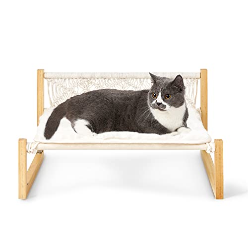 Mkono Boho Cat Bed Hammock with Blanket, Macrame Elevated for Indoor, Floor Standing and Breathable Chair for Resting, Furniture Gift for Cats and Small Dogs