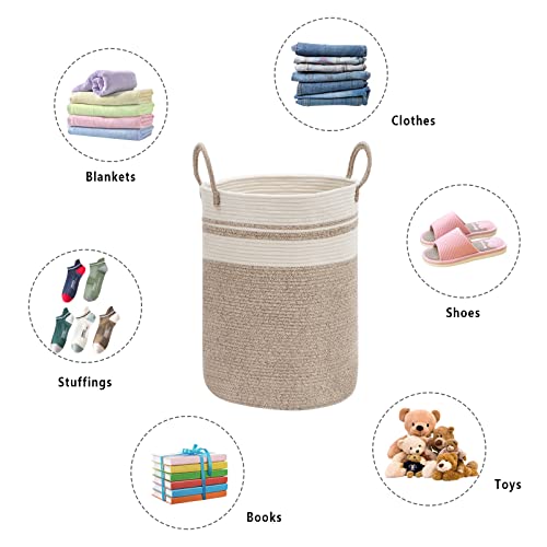 BRAIN & DANY 72L Woven Laundry Basket, Tall Cotton Rope Laundry Hamper with Handles, Large Dirty Clothes Basket Collapsible for Nursery, Bathroom, Laundry Room Organization, Bedroom Storage, Brown & White