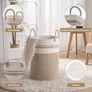 BRAIN & DANY 72L Woven Laundry Basket, Tall Cotton Rope Laundry Hamper with Handles, Large Dirty Clothes Basket Collapsible for Nursery, Bathroom, Laundry Room Organization, Bedroom Storage, Brown & White