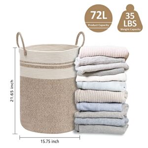 BRAIN & DANY 72L Woven Laundry Basket, Tall Cotton Rope Laundry Hamper with Handles, Large Dirty Clothes Basket Collapsible for Nursery, Bathroom, Laundry Room Organization, Bedroom Storage, Brown & White