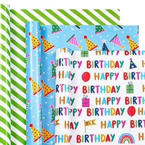 WRAPAHOLIC Birthday Wrapping Paper Roll - Mini Roll - 3 Rolls - 17 Inch X 120 Inch Per Roll - Happy Birthday Lettering and Stripe for Kid's Birthday, Baby Shower