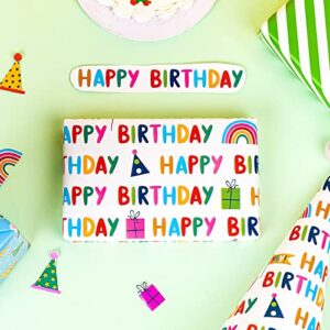 WRAPAHOLIC Birthday Wrapping Paper Roll - Mini Roll - 3 Rolls - 17 Inch X 120 Inch Per Roll - Happy Birthday Lettering and Stripe for Kid's Birthday, Baby Shower