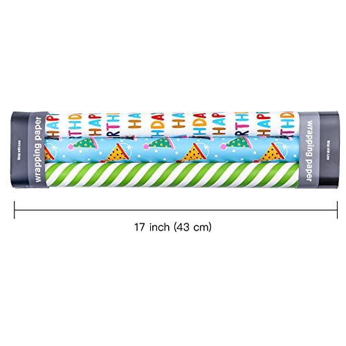 WRAPAHOLIC Birthday Wrapping Paper Roll - Mini Roll - 3 Rolls - 17 Inch X 120 Inch Per Roll - Happy Birthday Lettering and Stripe for Kid's Birthday, Baby Shower