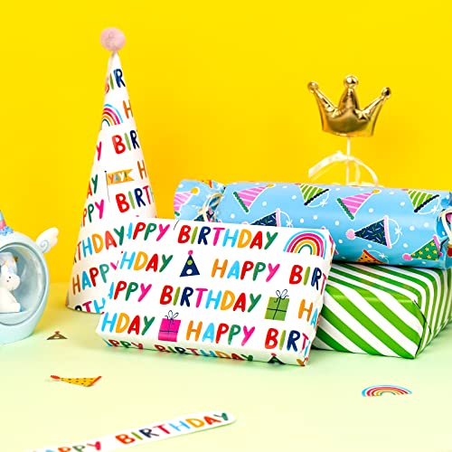 WRAPAHOLIC Birthday Wrapping Paper Roll - Mini Roll - 3 Rolls - 17 Inch X 120 Inch Per Roll - Happy Birthday Lettering and Stripe for Kid's Birthday, Baby Shower