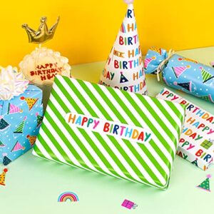 WRAPAHOLIC Birthday Wrapping Paper Roll - Mini Roll - 3 Rolls - 17 Inch X 120 Inch Per Roll - Happy Birthday Lettering and Stripe for Kid's Birthday, Baby Shower