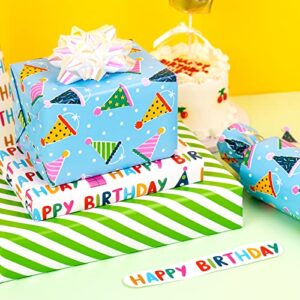 WRAPAHOLIC Birthday Wrapping Paper Roll - Mini Roll - 3 Rolls - 17 Inch X 120 Inch Per Roll - Happy Birthday Lettering and Stripe for Kid's Birthday, Baby Shower