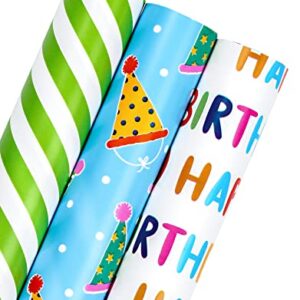 WRAPAHOLIC Birthday Wrapping Paper Roll - Mini Roll - 3 Rolls - 17 Inch X 120 Inch Per Roll - Happy Birthday Lettering and Stripe for Kid's Birthday, Baby Shower