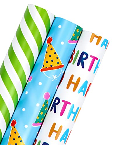 WRAPAHOLIC Birthday Wrapping Paper Roll - Mini Roll - 3 Rolls - 17 Inch X 120 Inch Per Roll - Happy Birthday Lettering and Stripe for Kid's Birthday, Baby Shower