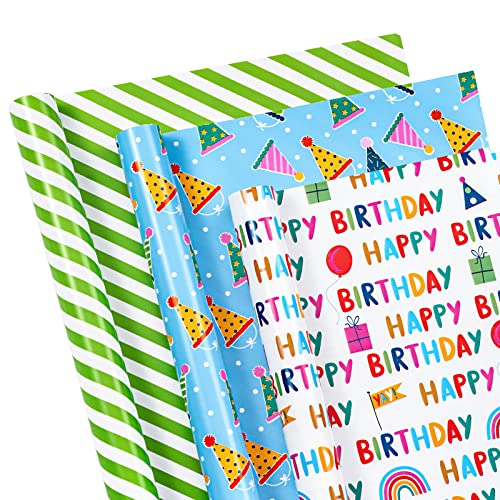 WRAPAHOLIC Birthday Wrapping Paper Roll - Mini Roll - 3 Rolls - 17 Inch X 120 Inch Per Roll - Happy Birthday Lettering and Stripe for Kid's Birthday, Baby Shower