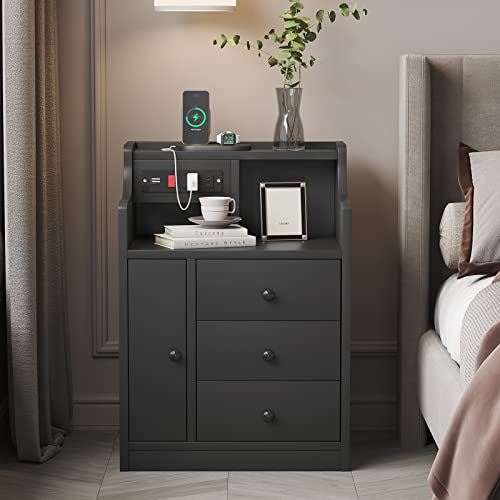 Tiptiper Nightstand with Charging Station and Hutch, Black Night Stand with 3 Storage Drawers End Side Table with 1 Door, Modern Bedside Table for Bedroom, 17.7D x 14W x 26.8H in