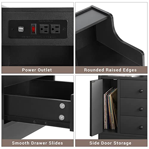 Tiptiper Nightstand with Charging Station and Hutch, Black Night Stand with 3 Storage Drawers End Side Table with 1 Door, Modern Bedside Table for Bedroom, 17.7D x 14W x 26.8H in