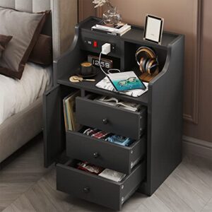 Tiptiper Nightstand with Charging Station and Hutch, Black Night Stand with 3 Storage Drawers End Side Table with 1 Door, Modern Bedside Table for Bedroom, 17.7D x 14W x 26.8H in