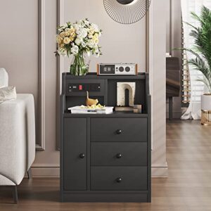 Tiptiper Nightstand with Charging Station and Hutch, Black Night Stand with 3 Storage Drawers End Side Table with 1 Door, Modern Bedside Table for Bedroom, 17.7D x 14W x 26.8H in