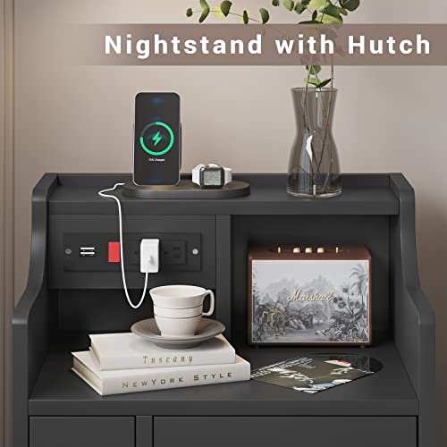 Tiptiper Nightstand with Charging Station and Hutch, Black Night Stand with 3 Storage Drawers End Side Table with 1 Door, Modern Bedside Table for Bedroom, 17.7D x 14W x 26.8H in