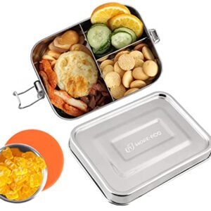 MORE-ECO Stainless Steel Leak Proof Bento Box With Three Sections And 50 Ml Dip Container. 1200 ML Stainless Steel Lunch Box Dishwasher Safe Silver 18.5 CM X 13 CM X 5.5 CM