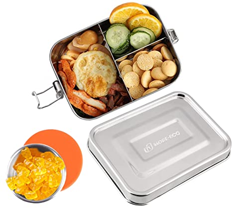 MORE-ECO Stainless Steel Leak Proof Bento Box With Three Sections And 50 Ml Dip Container. 1200 ML Stainless Steel Lunch Box Dishwasher Safe Silver 18.5 CM X 13 CM X 5.5 CM