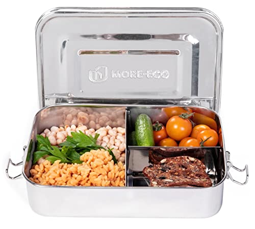 MORE-ECO Stainless Steel Leak Proof Bento Box With Three Sections And 50 Ml Dip Container. 1200 ML Stainless Steel Lunch Box Dishwasher Safe Silver 18.5 CM X 13 CM X 5.5 CM