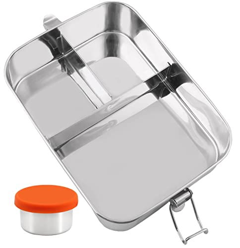 MORE-ECO Stainless Steel Leak Proof Bento Box With Three Sections And 50 Ml Dip Container. 1200 ML Stainless Steel Lunch Box Dishwasher Safe Silver 18.5 CM X 13 CM X 5.5 CM