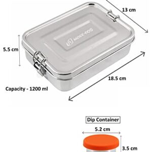 MORE-ECO Stainless Steel Leak Proof Bento Box With Three Sections And 50 Ml Dip Container. 1200 ML Stainless Steel Lunch Box Dishwasher Safe Silver 18.5 CM X 13 CM X 5.5 CM