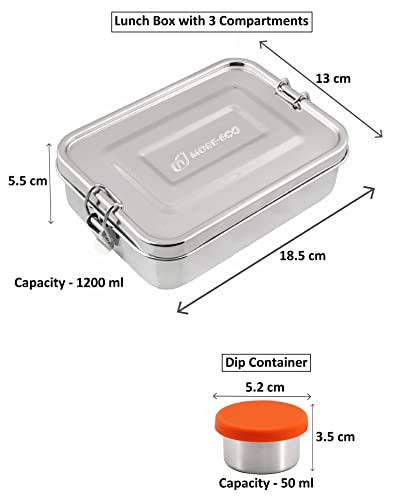 MORE-ECO Stainless Steel Leak Proof Bento Box With Three Sections And 50 Ml Dip Container. 1200 ML Stainless Steel Lunch Box Dishwasher Safe Silver 18.5 CM X 13 CM X 5.5 CM