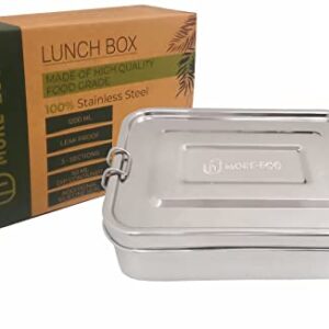 MORE-ECO Stainless Steel Leak Proof Bento Box With Three Sections And 50 Ml Dip Container. 1200 ML Stainless Steel Lunch Box Dishwasher Safe Silver 18.5 CM X 13 CM X 5.5 CM