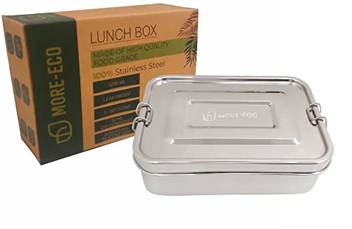 MORE-ECO Stainless Steel Leak Proof Bento Box With Three Sections And 50 Ml Dip Container. 1200 ML Stainless Steel Lunch Box Dishwasher Safe Silver 18.5 CM X 13 CM X 5.5 CM