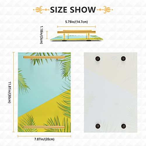 Dallonan Acrylic Bathroom Tray, Rectangular Palm Leaves Yellow Frame Decorative Trays with Gold Handles for Kitchen Food Living Room Dresser Comestic Office Organizer (7.87*11.81in)